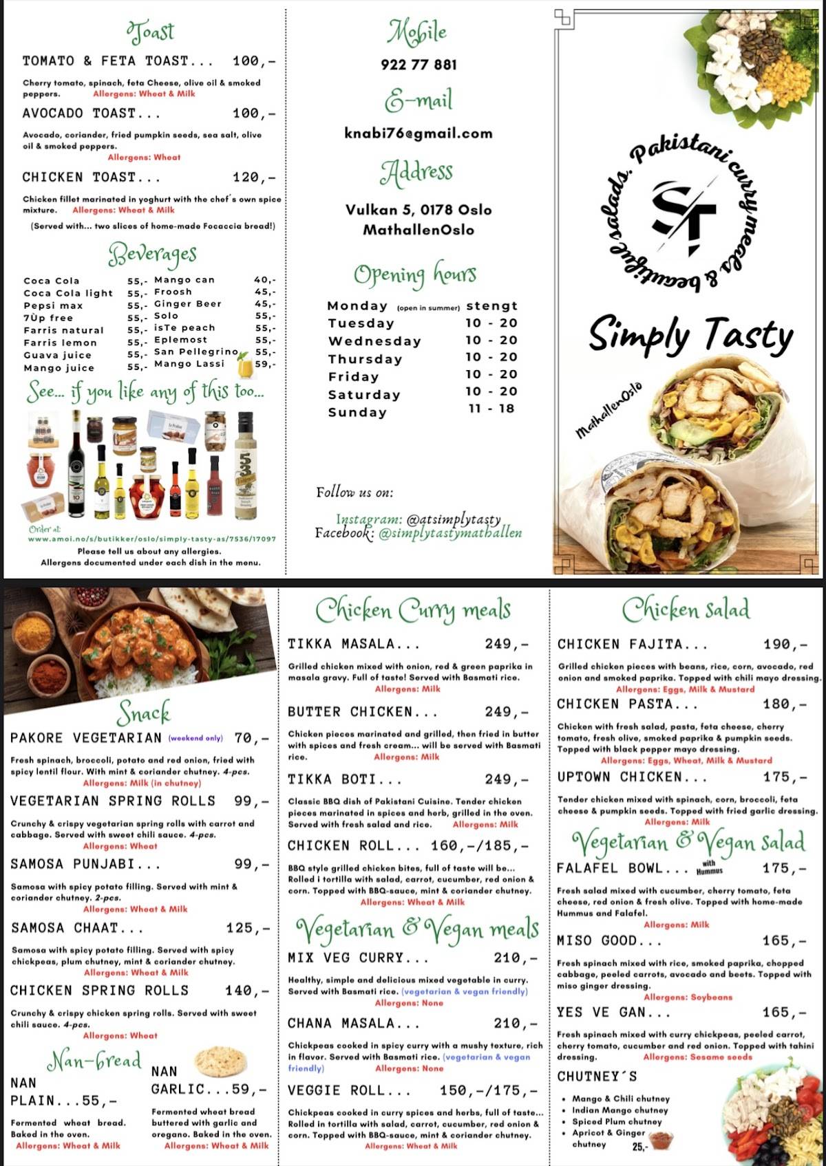 Menu at Simply Tasty restaurant, Oslo, Vulkan 5