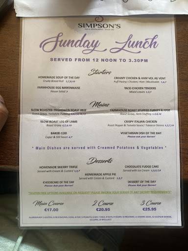 Menu at Simpsons Bar & Restaurant / Oliver’s restaurant, Carndonagh