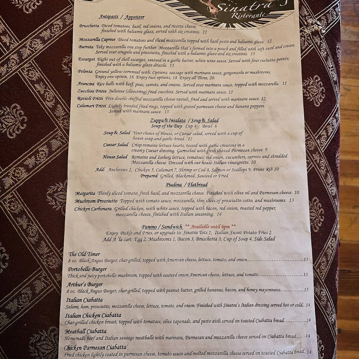 Menu at Sinatra's Ristorante restaurant, Lake Helen