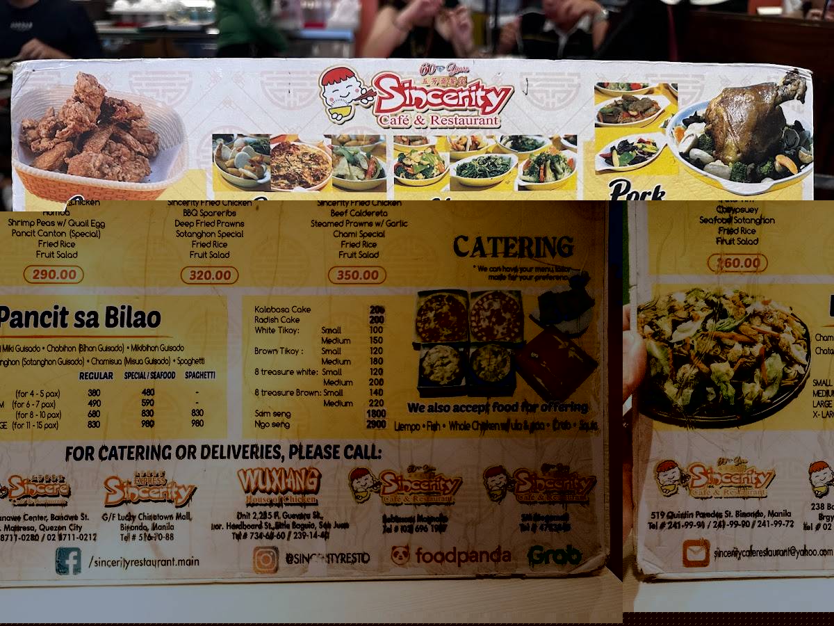 Menu at Sincerity Restaurant, Manila, 519 Quintin Paredes