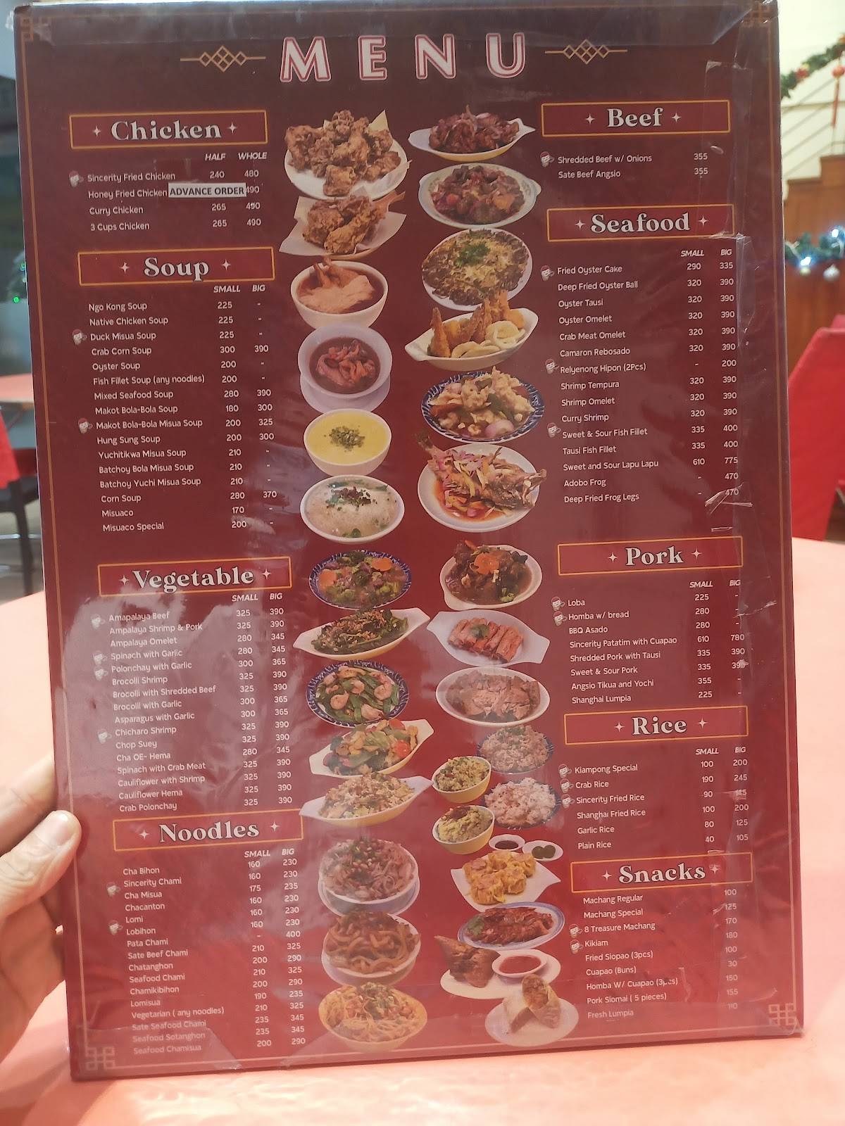Menu at Sincerity Restaurant, Quezon City, Ground Floor