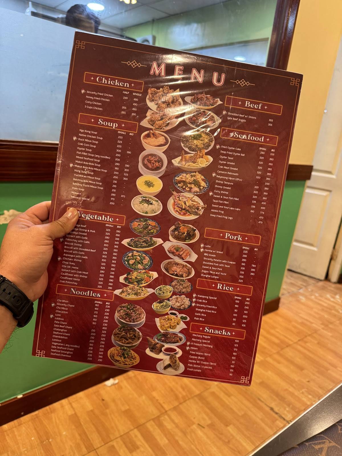 Menu at Sincerity Restaurant, Manila, 519 Quintin Paredes