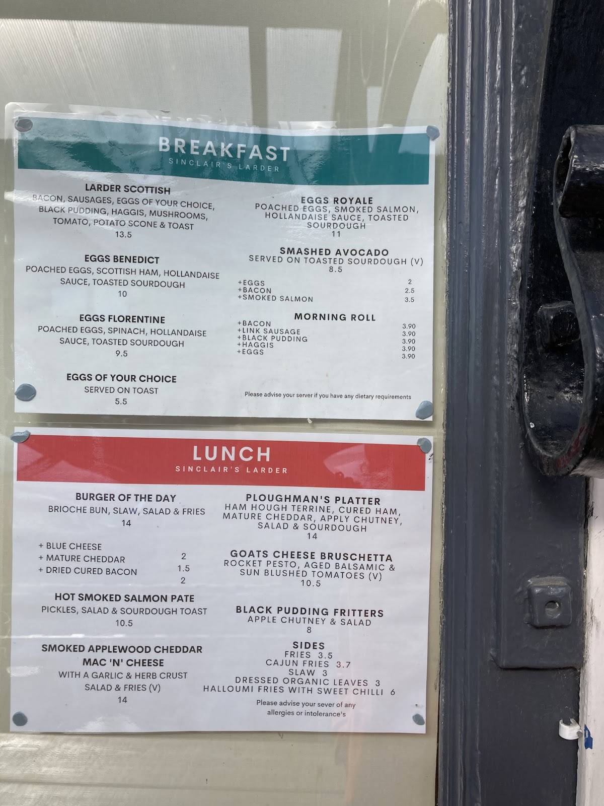 Menu at Sinclair's Larder cafe, Edzell