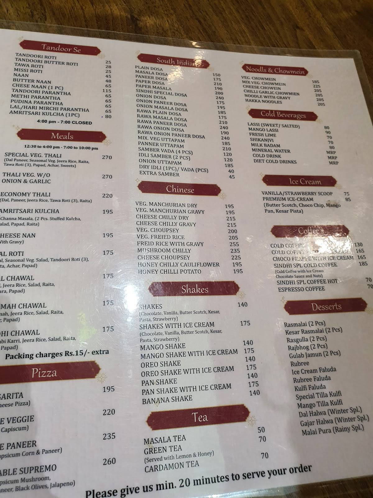 Menu at Sindhi Sweets, Panchkula, SCO 4