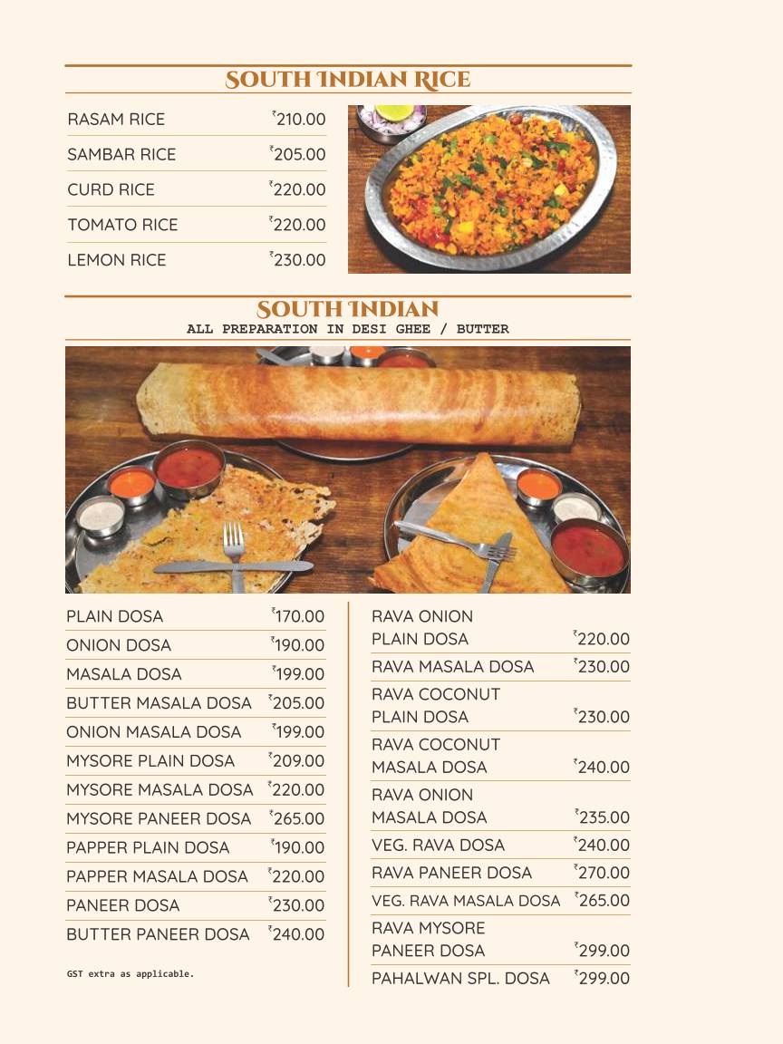Menu at Sindhu Pahalwan Dhaba, Murthal, 49 Milestone