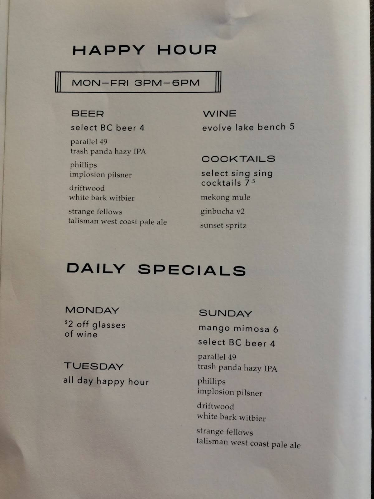 Menu at Sing Sing Main St pub & bar, Vancouver, Main St