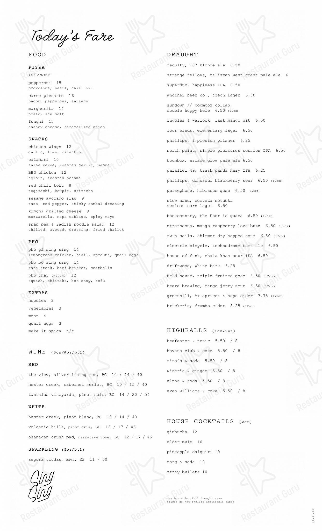 Menu at Sing Sing Main St pub & bar, Vancouver, Main St