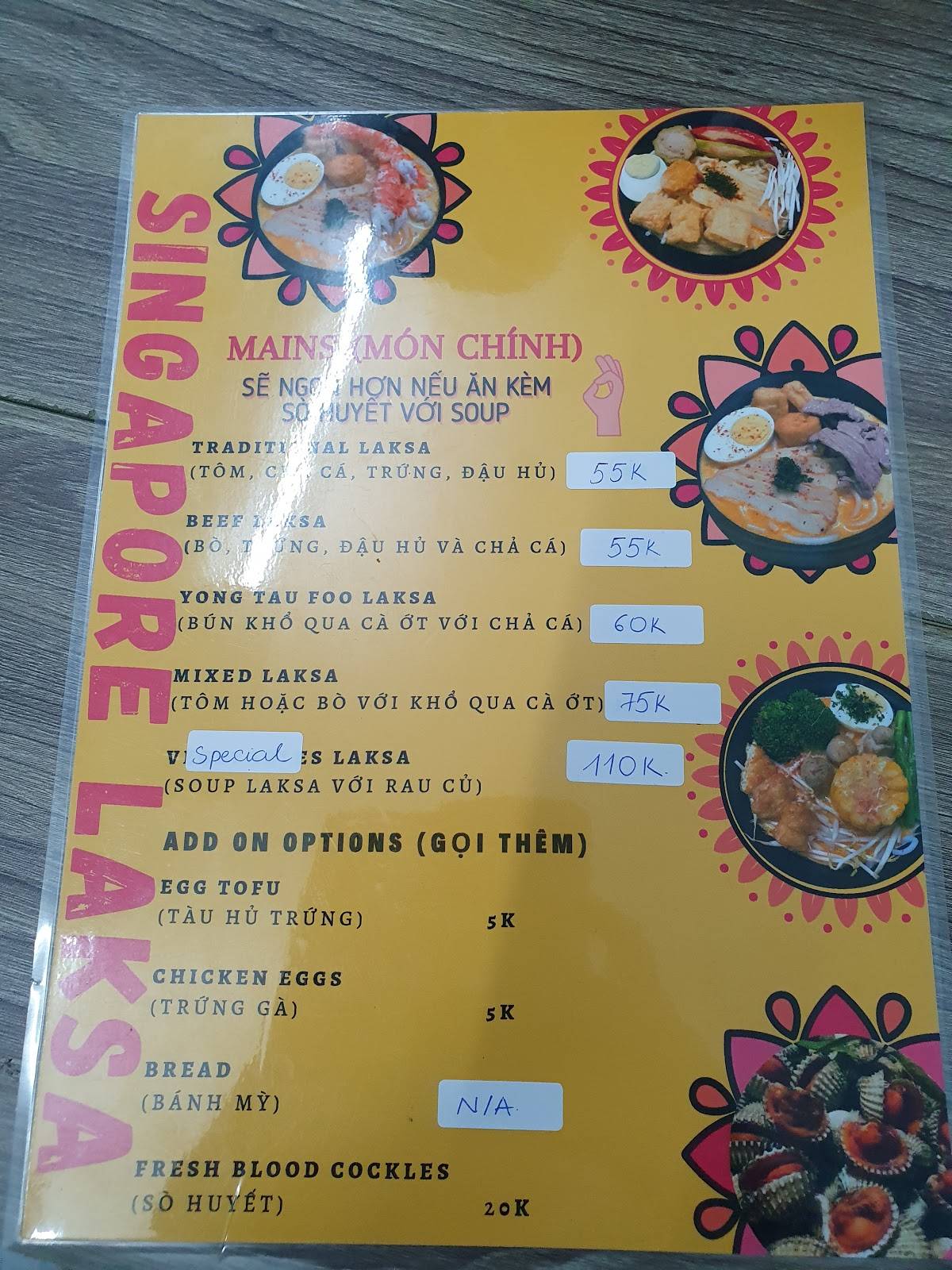Menu at SINGAPORE LAKSA RESTAURANT - SG FOOD & BEER, Ho Chi Minh City