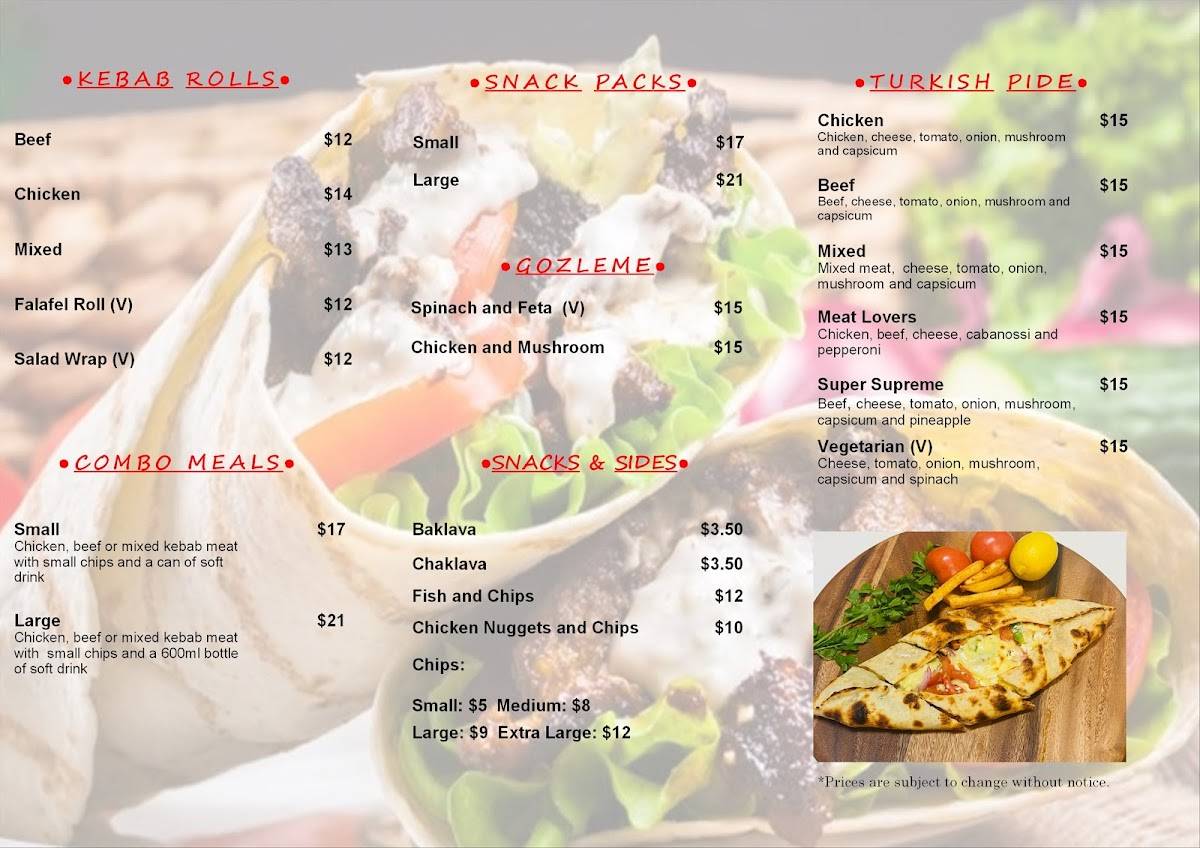 Menu at Singleton Kebabs (Kebabs & Gozleme) pizzeria, Singleton