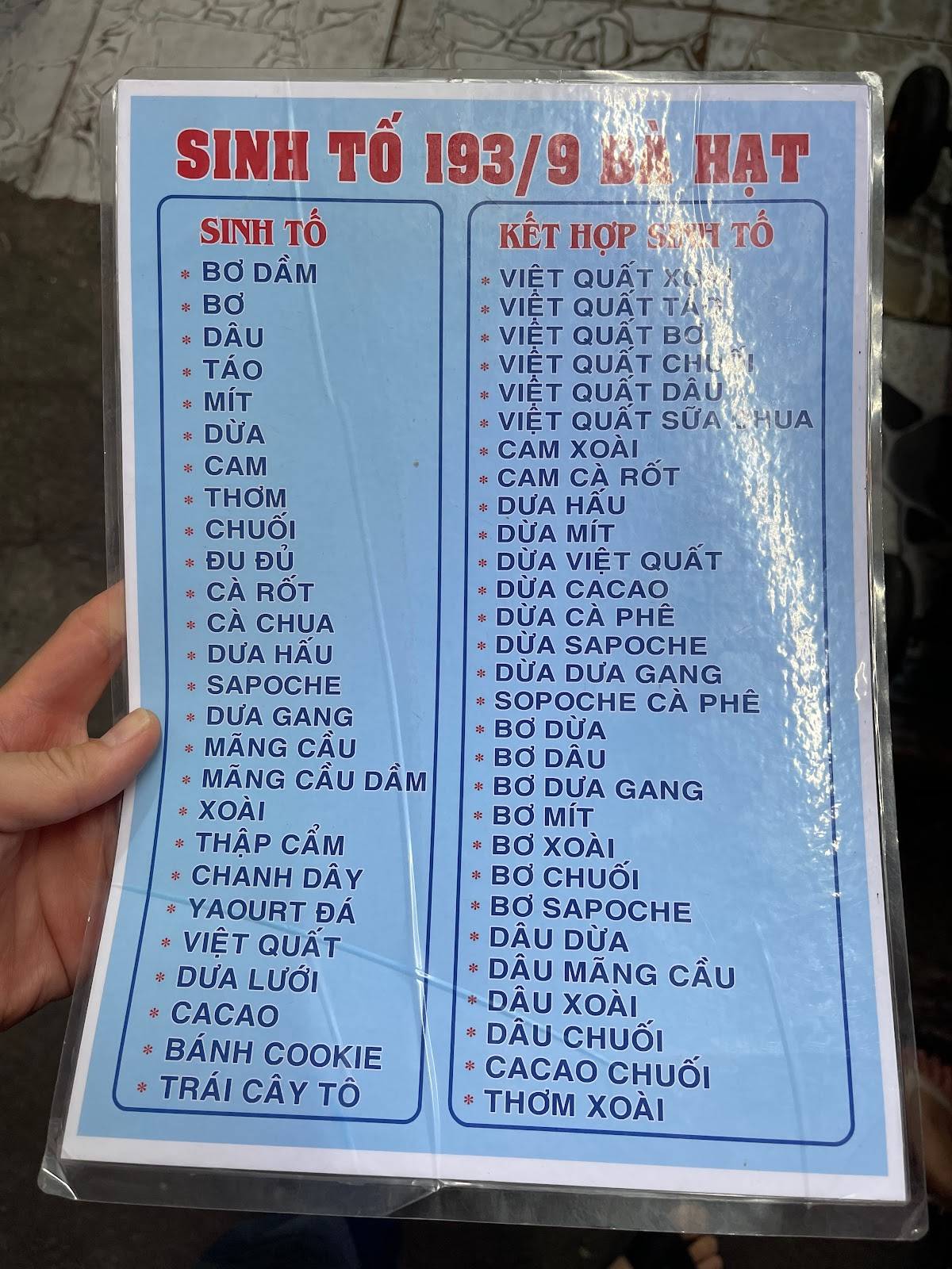 Menu at Fruit juice - 193/9 Ba Hat restaurant, Ho Chi Minh City