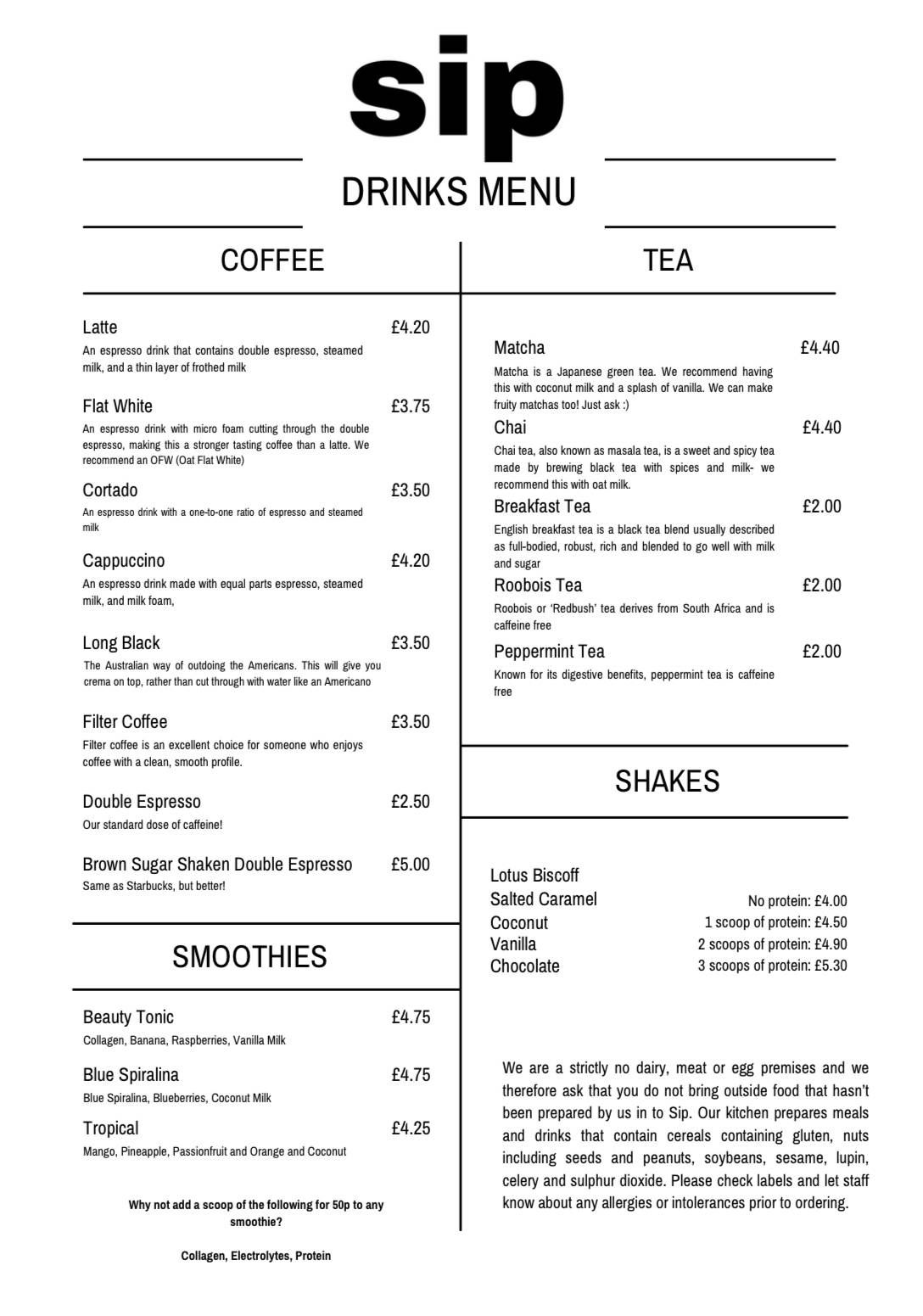 Menu at Sip, Rochester