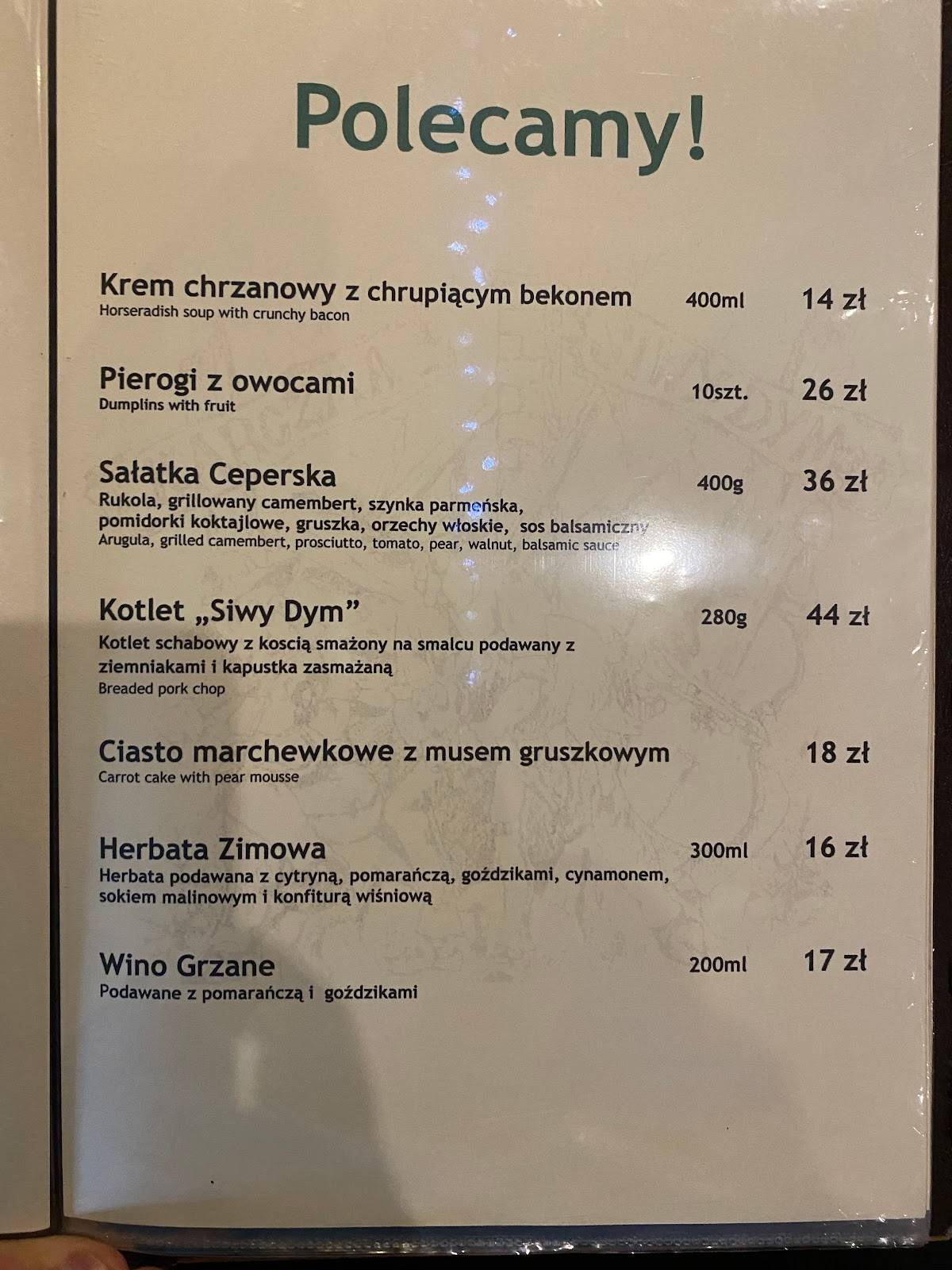 Menu at Siwy Dym restaurant, Rabka