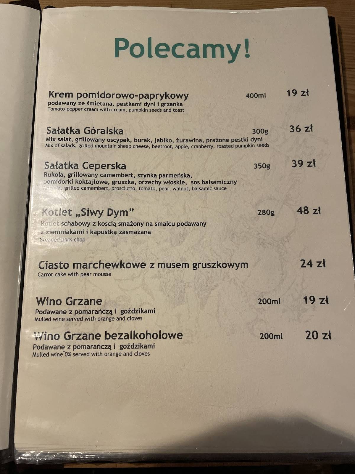 Menu at Siwy Dym restaurant, Rabka