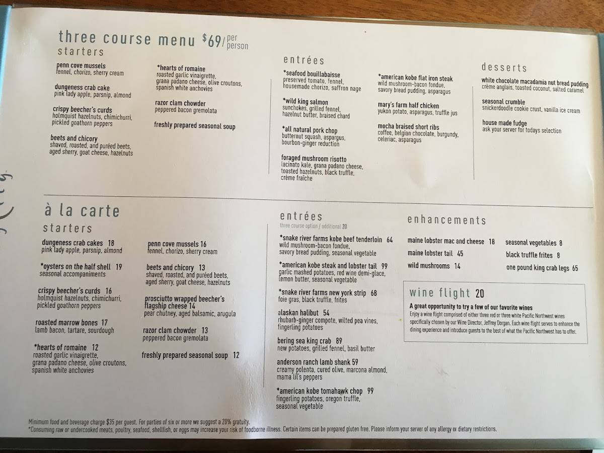 Menu at Sky City at the Space Needle restaurant, Seattle