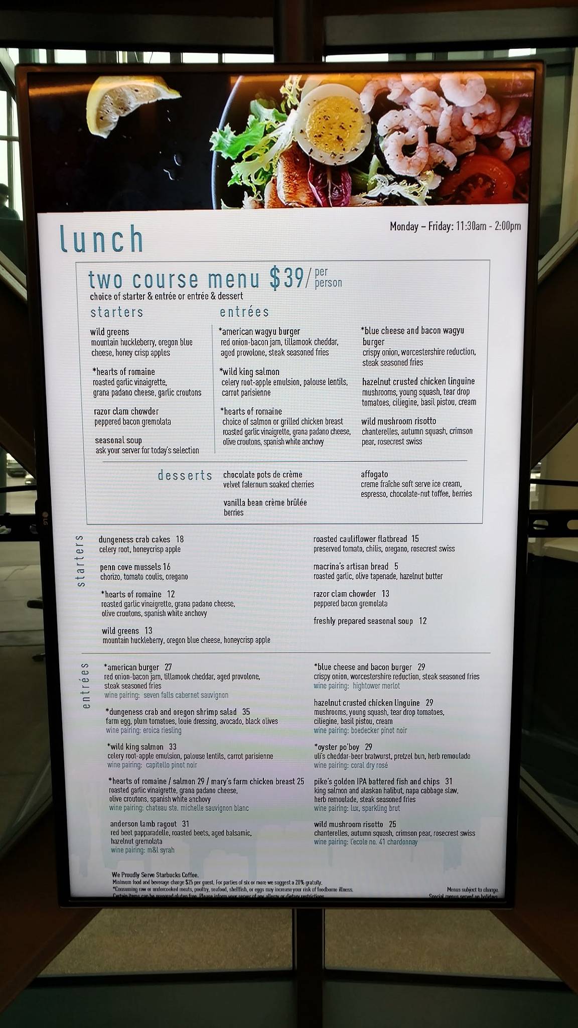 Menu at Sky City at the Space Needle restaurant, Seattle