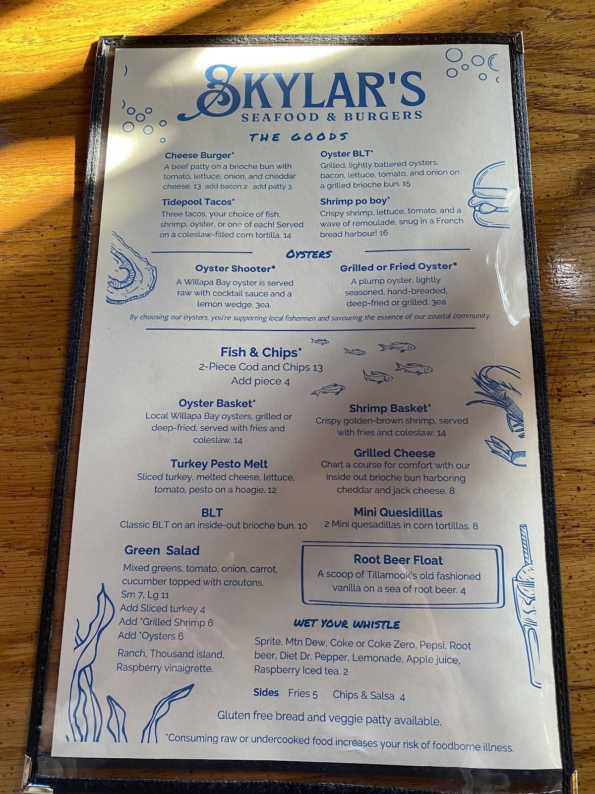 Menu at Skylar's restaurant, Bay Center
