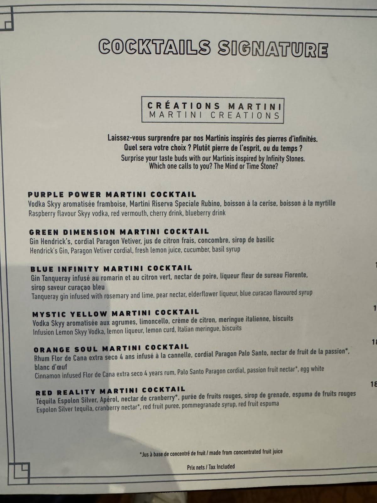 Menu au Skyline Bar, Chessy