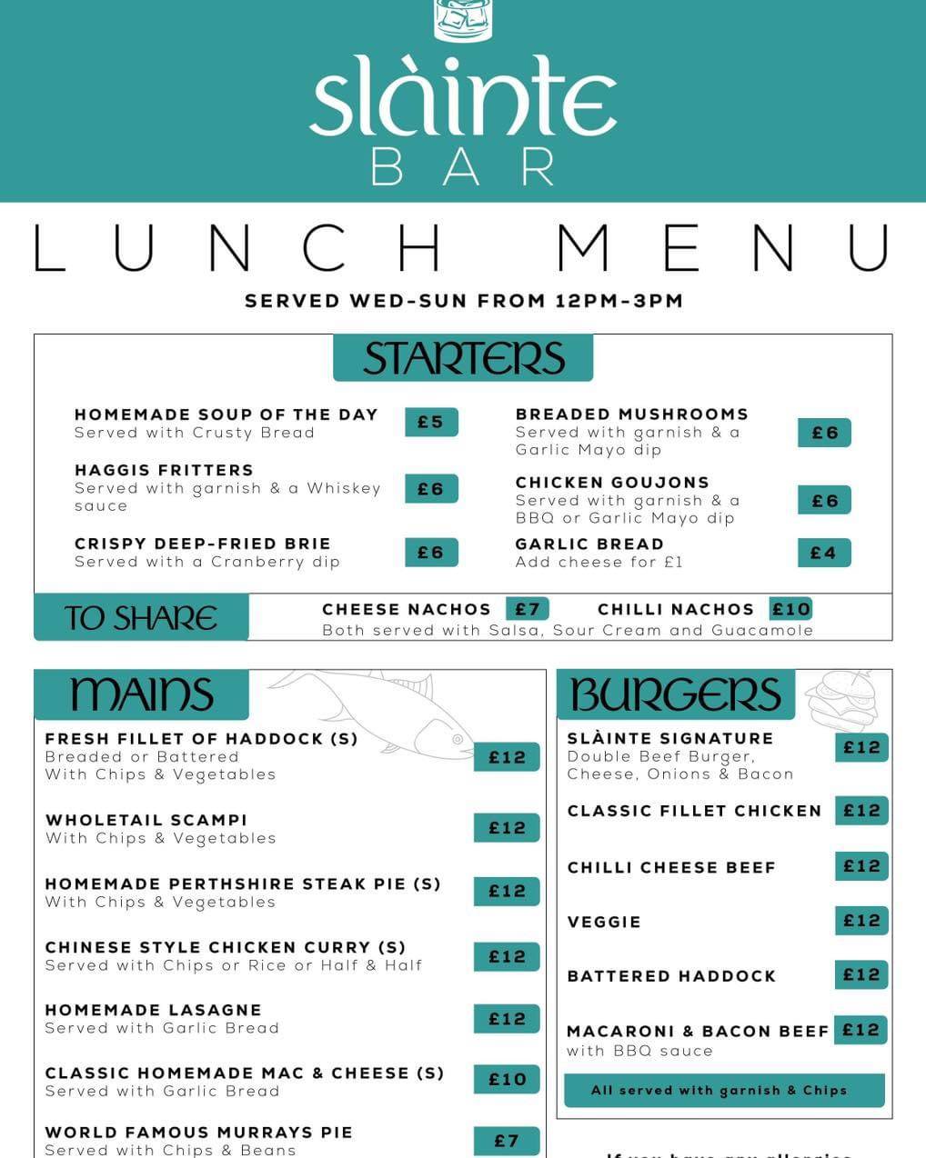 Menu at Slàinte Bar, Perth