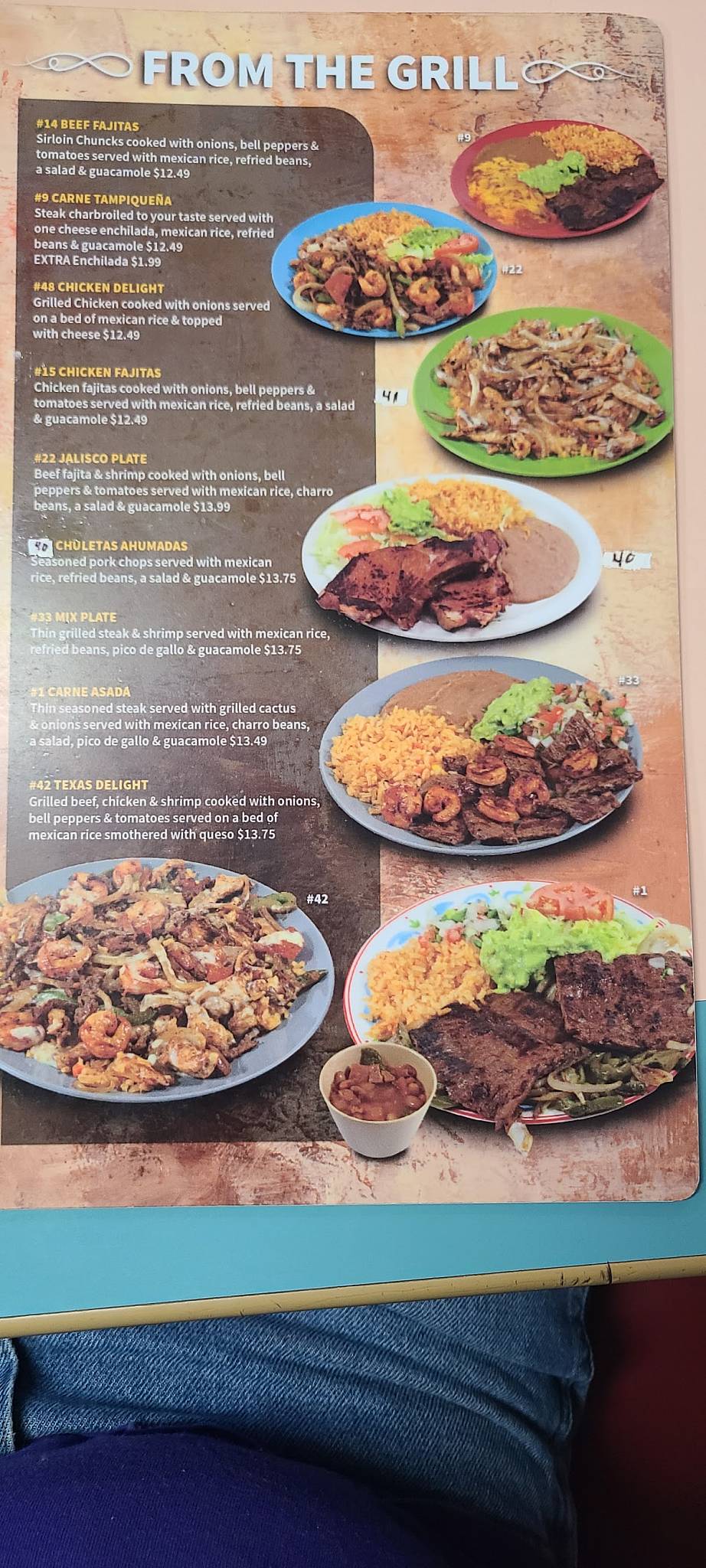 Menu at Arandas Taqueria restaurant, Slaton