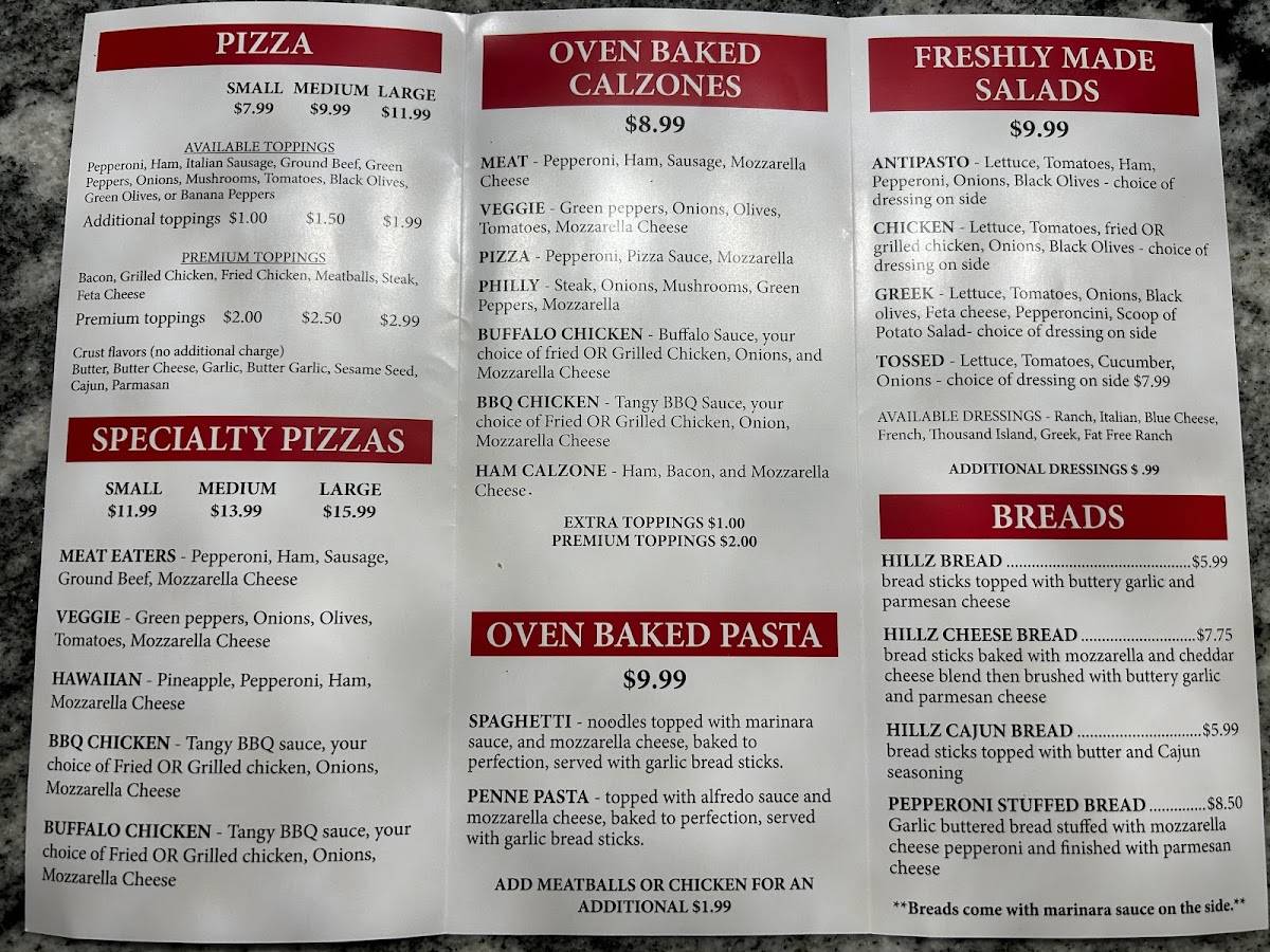 Menu at Slice of the Hillz pizzeria, Zephyrhills