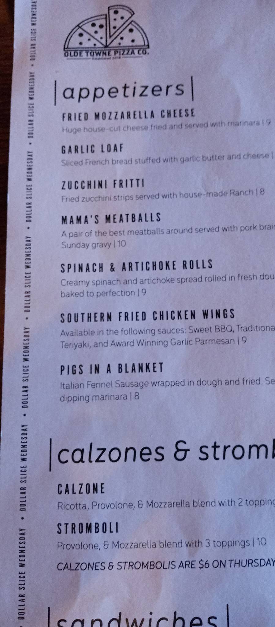 Menu at Olde Towne Pizza Company pizzeria, Slidell