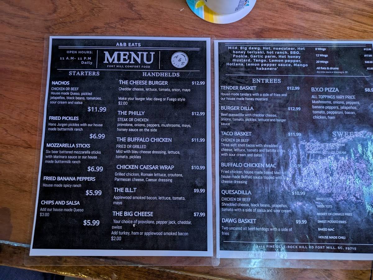 Menu at Small Bar, Fort Mill