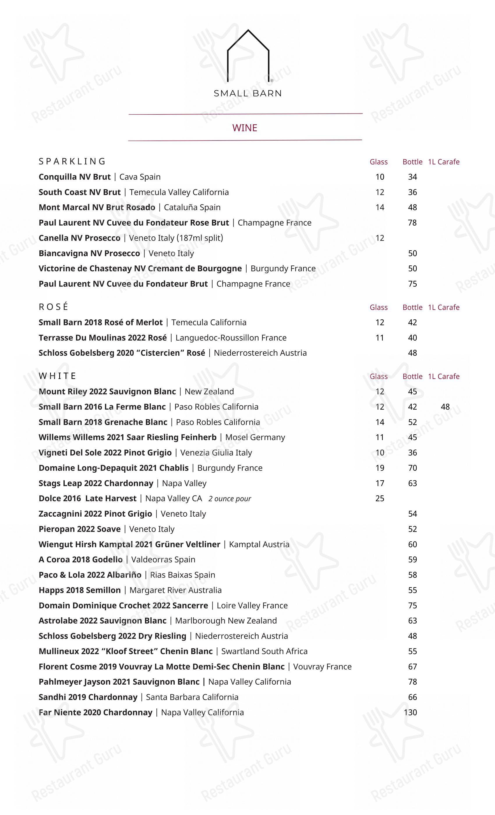 Menu at Small Barn Old Town, Temecula