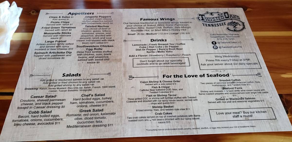 Menu at Twisted Oaks pub & bar, Smithville