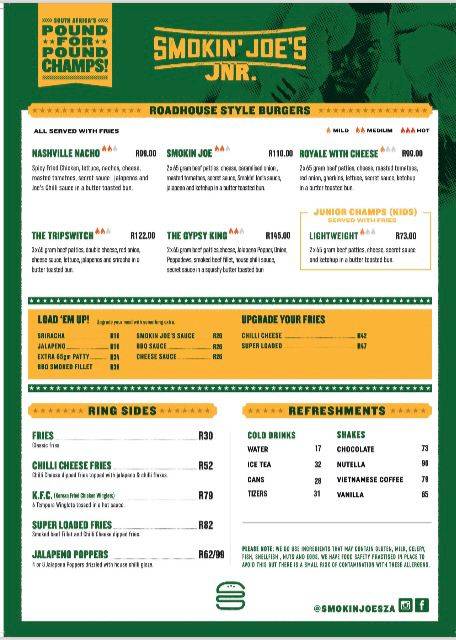 Menu at Smokin' Joe's Jnr restaurant, Durban
