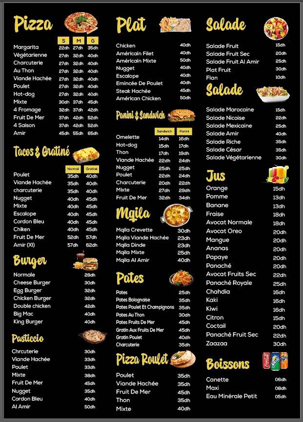 Menu au Snack Al Amir سناك الأمير restaurant, Casablanca