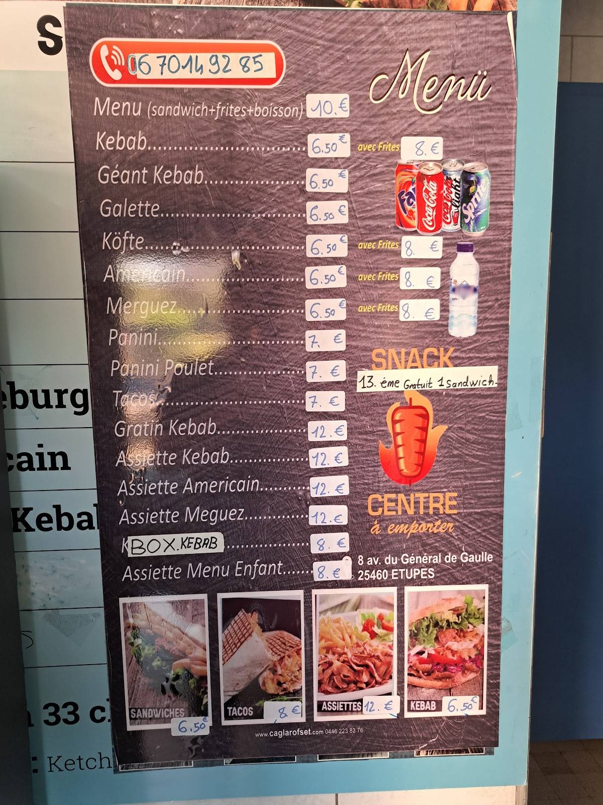 Menu au Snack Centre restaurant, Étupes