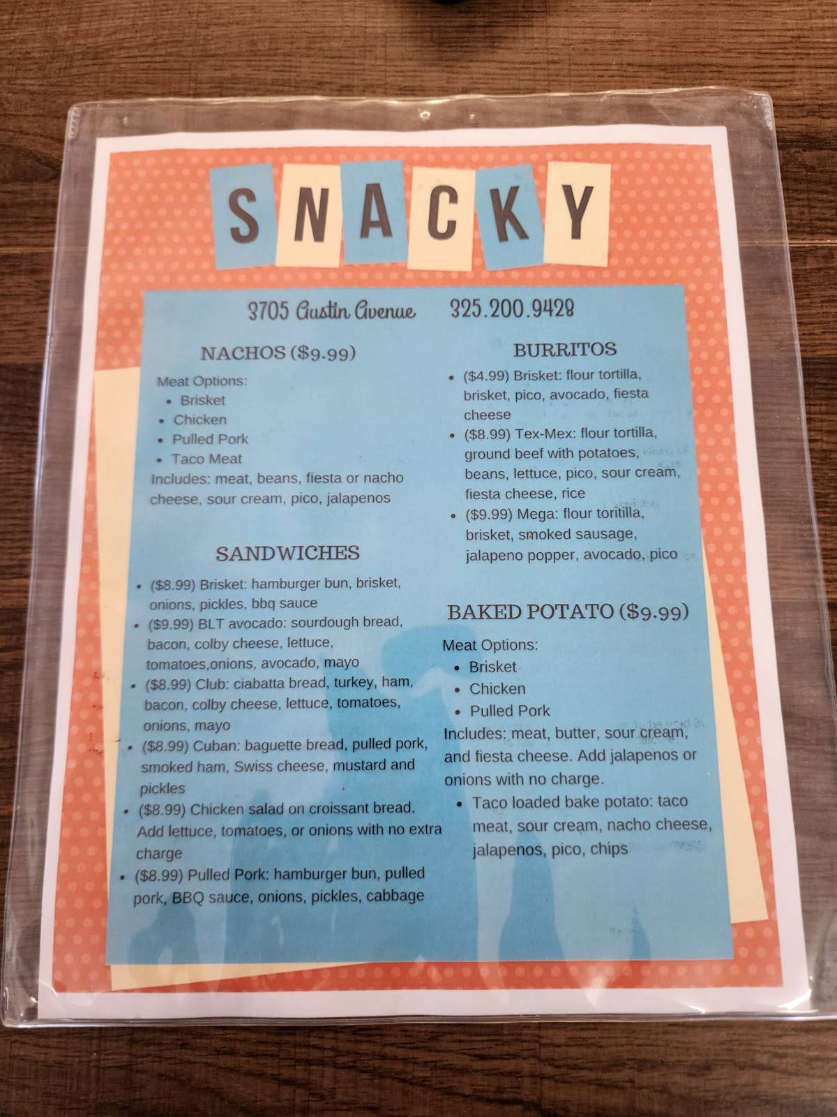 Menu at Snacky restaurant, Brownwood