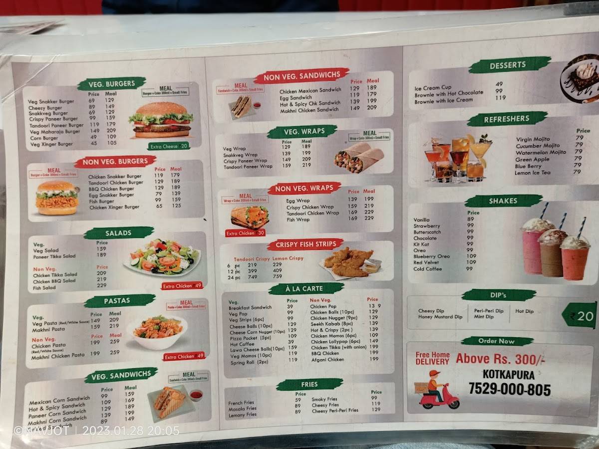 Menu at Snakkers, Kot Kapura