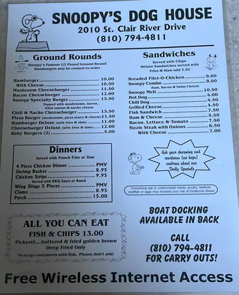 Menu at Snoopy's Dog House pub & bar, Algonac