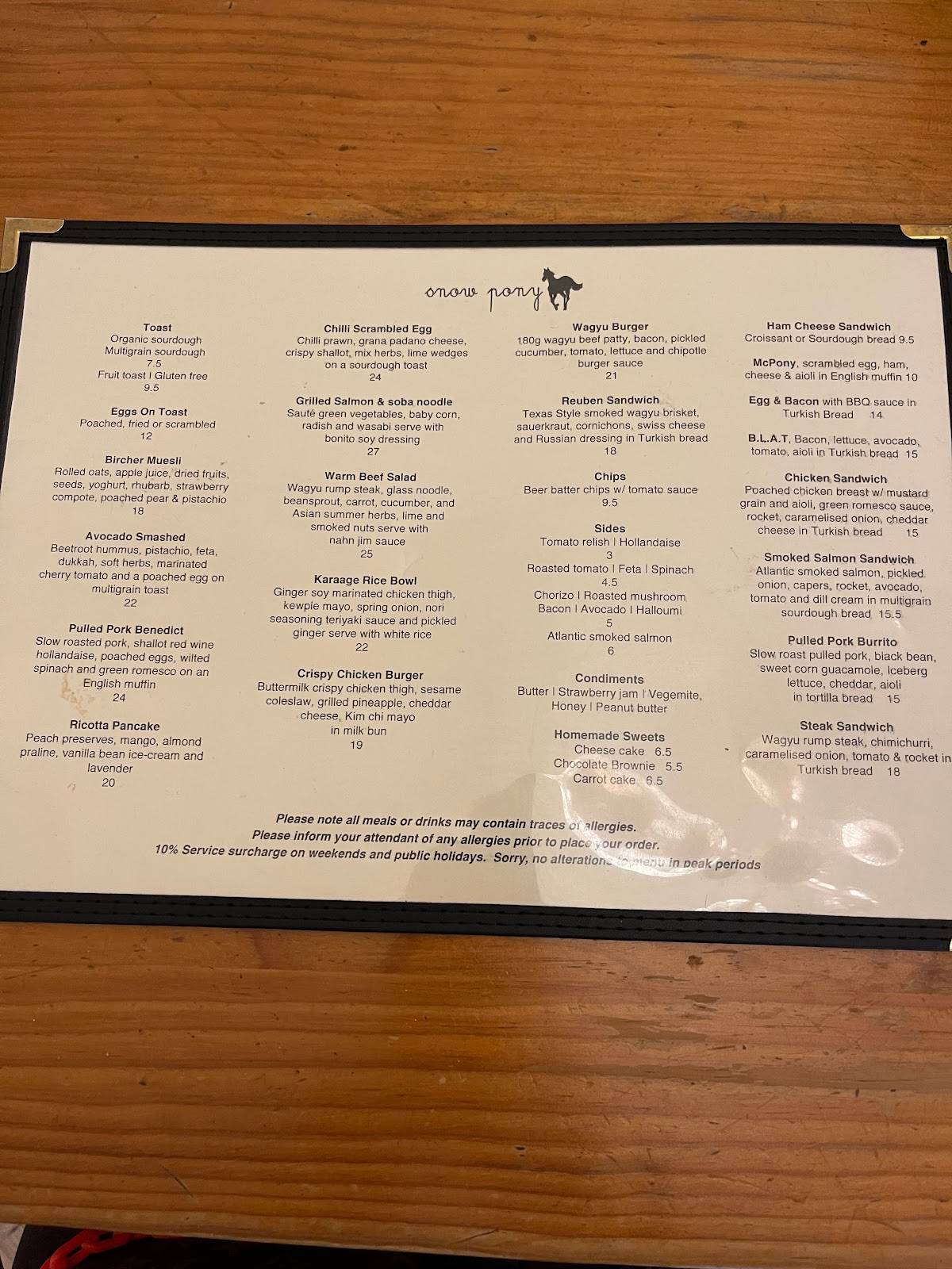 Menu at Snow Pony Cafe, Deepdene