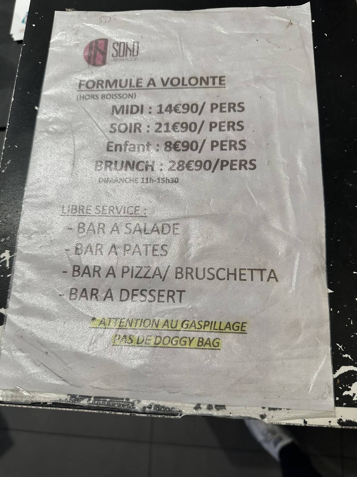 Menu au Soho Urban Food restaurant, Petite-Forêt