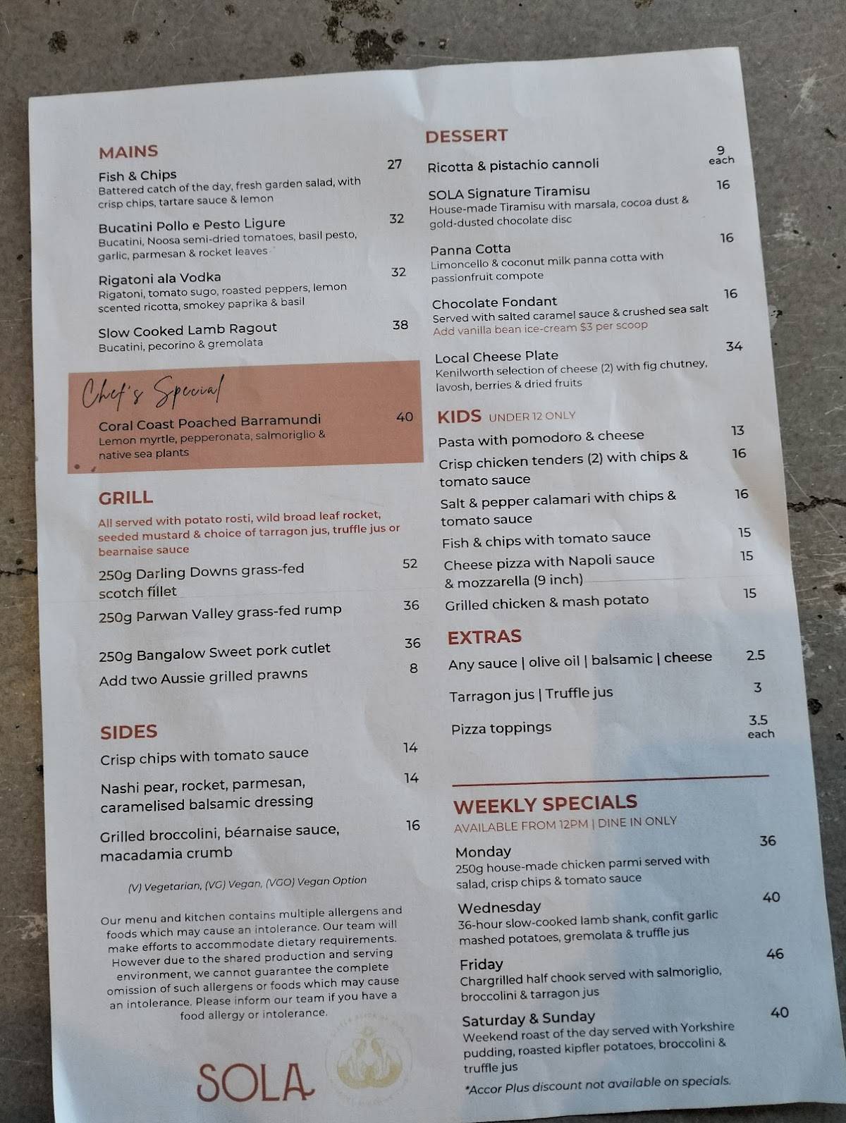Menu at Sola Bar & Restaurant, Twin Waters