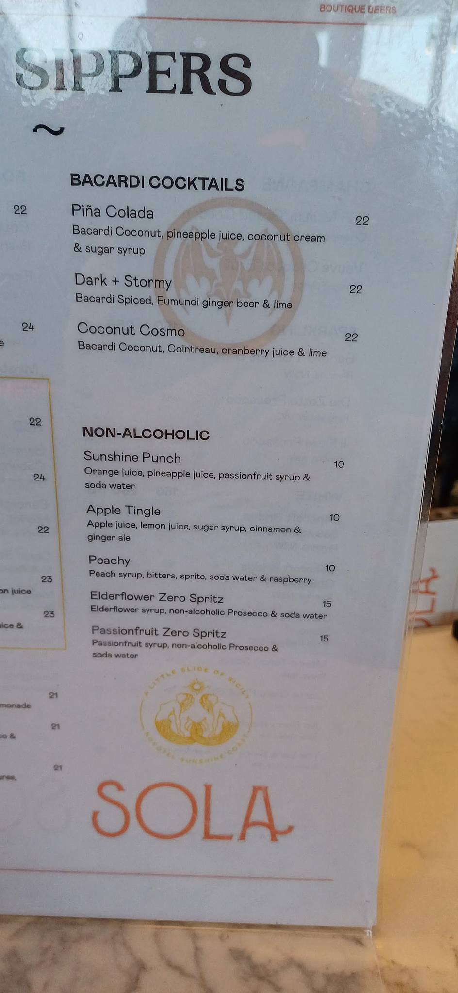 Menu at Sola Bar & Restaurant, Twin Waters