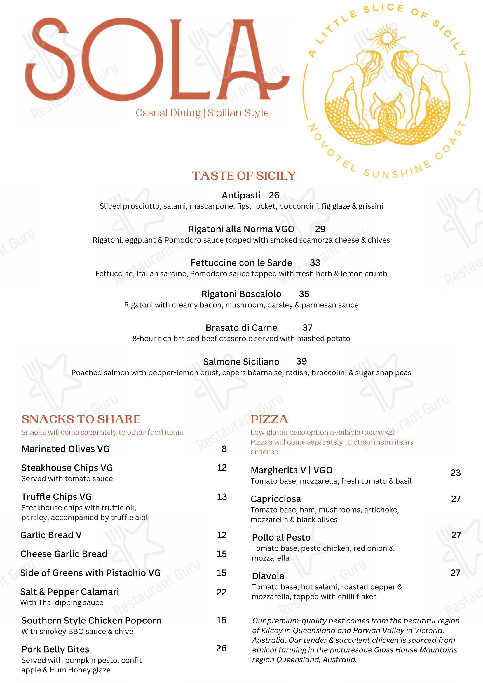 Menu at Sola Bar & Restaurant, Twin Waters