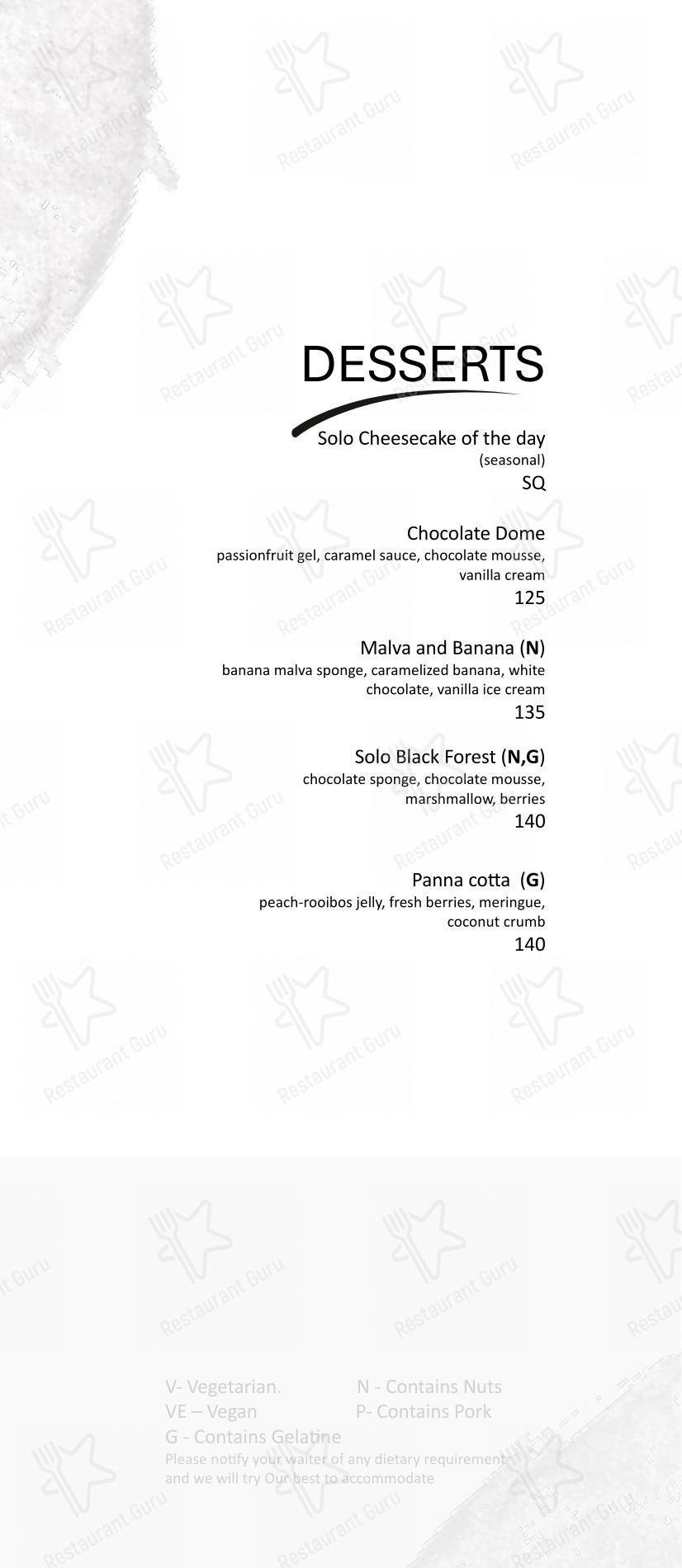 Menu at Solo Restaurant Sandton, Sandton