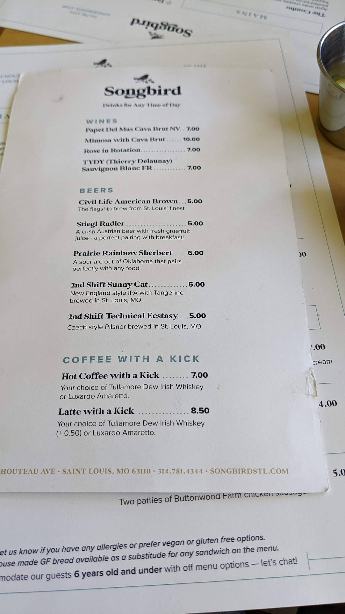 Menu at Songbird restaurant, St. Louis