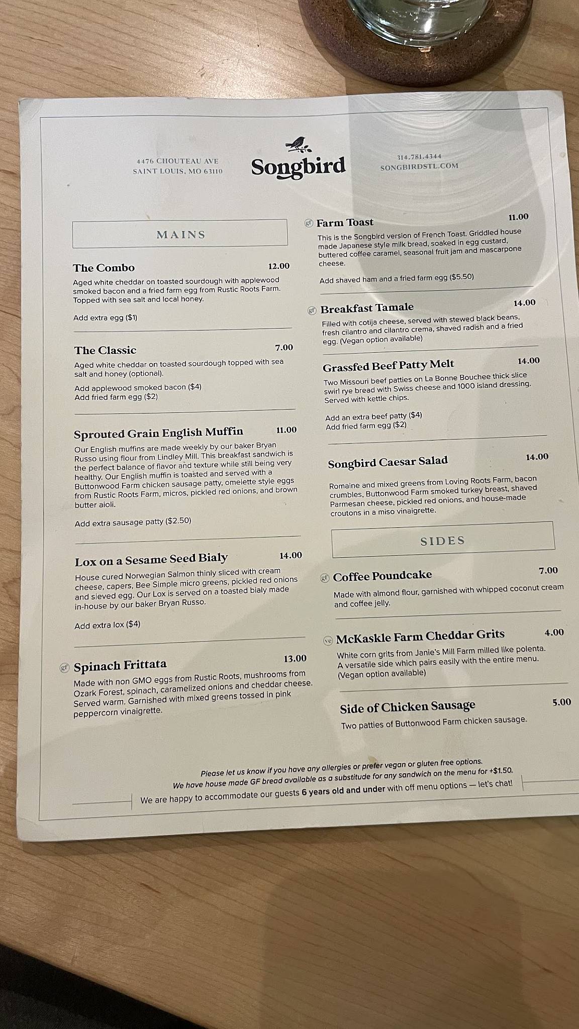 Menu at Songbird restaurant, St. Louis