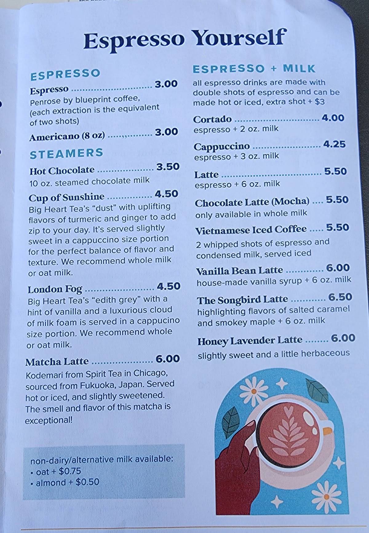 Menu at Songbird restaurant, St. Louis