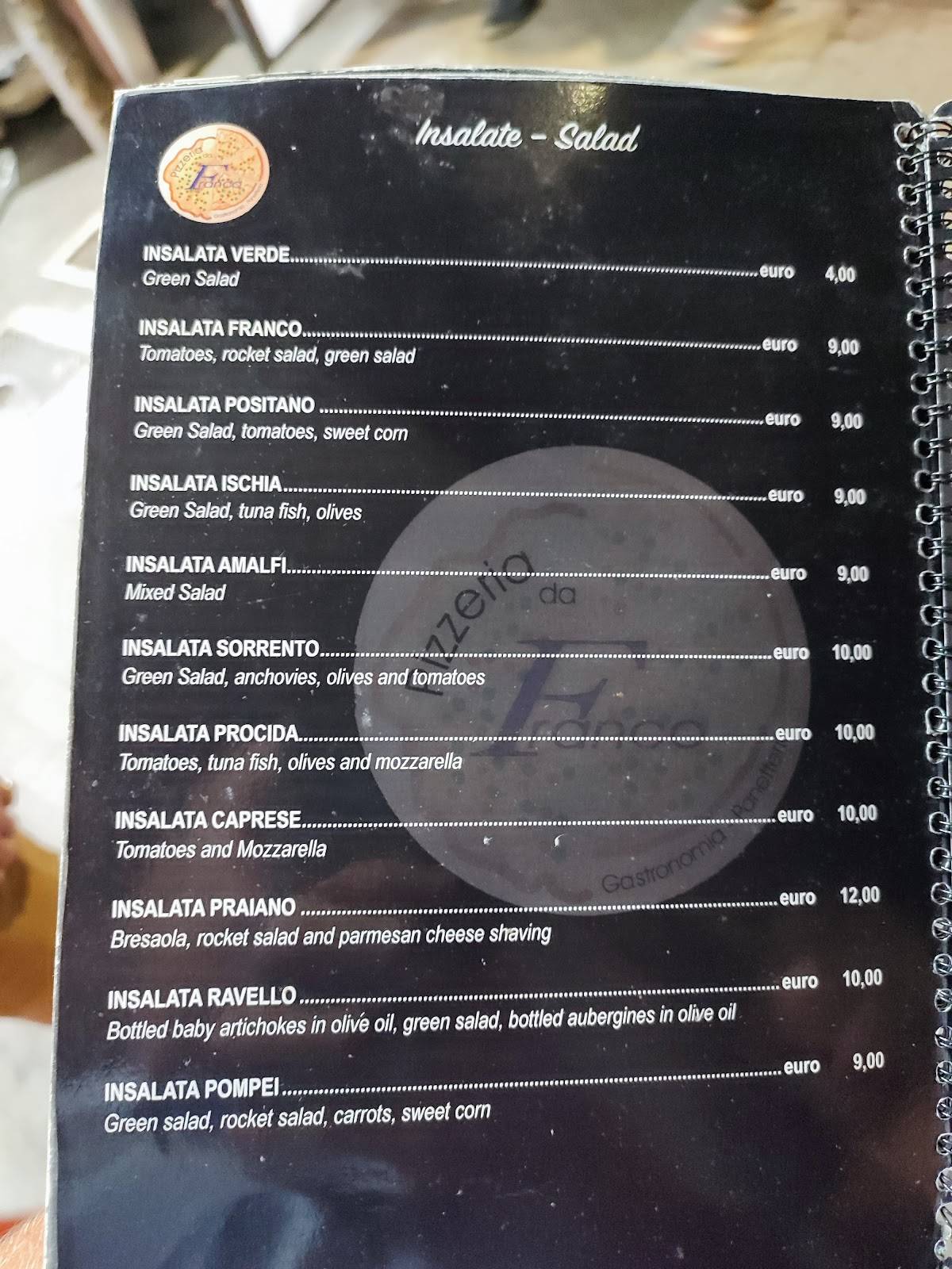 Menu at Pizzeria da Franco, Sorrento, Corso Italia