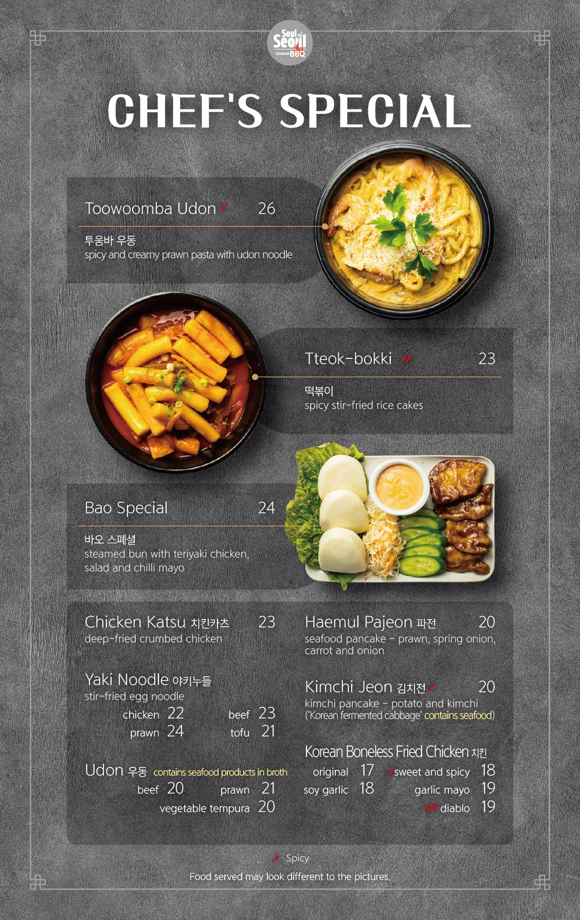 Menu at Soul of Seoul restaurant, Thrumster