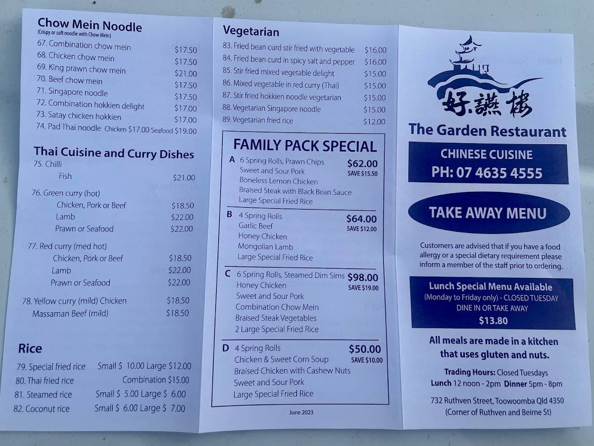 Menu at The Garden Restaurant, South Toowoomba