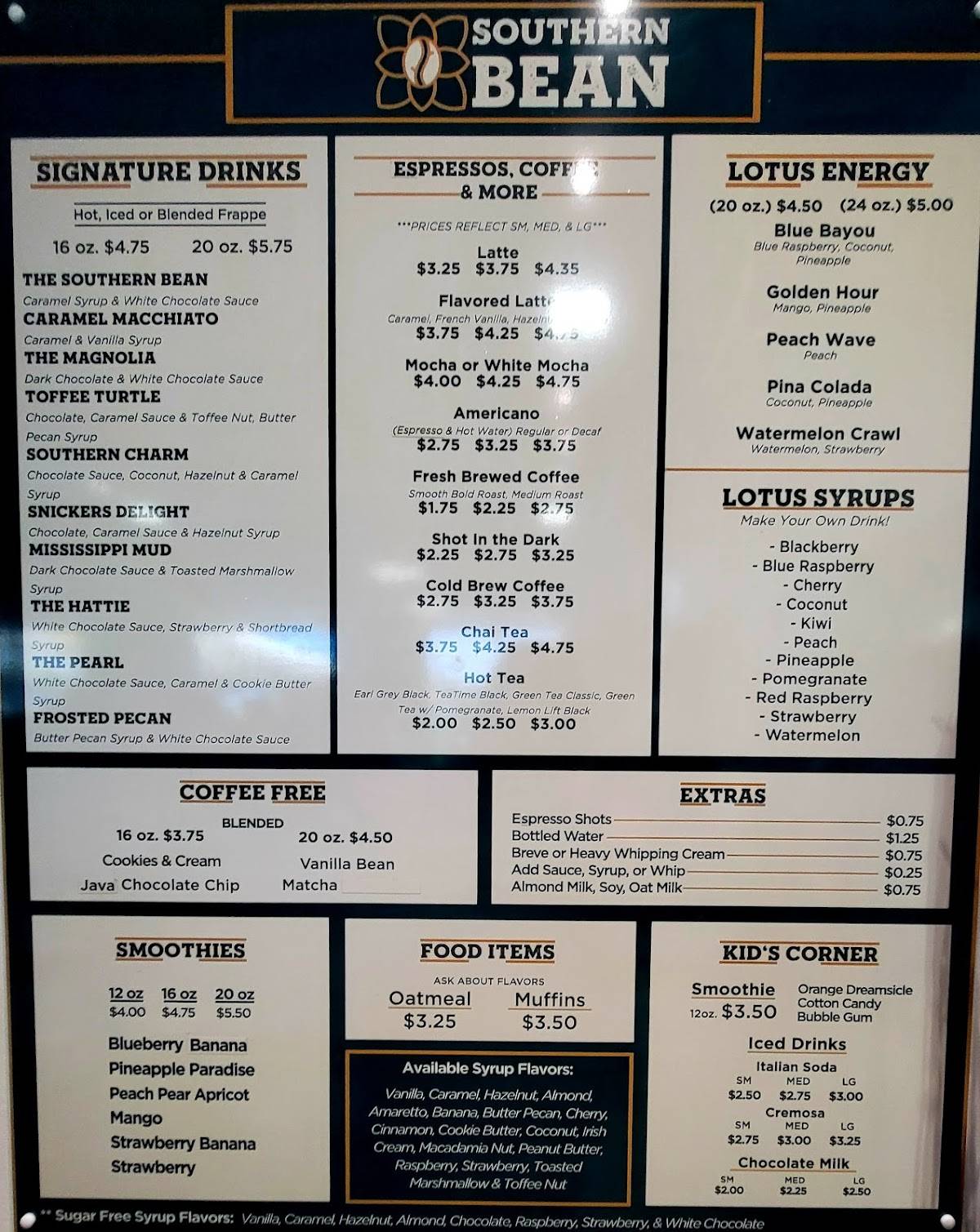 Menu at Southern Bean, Hattiesburg