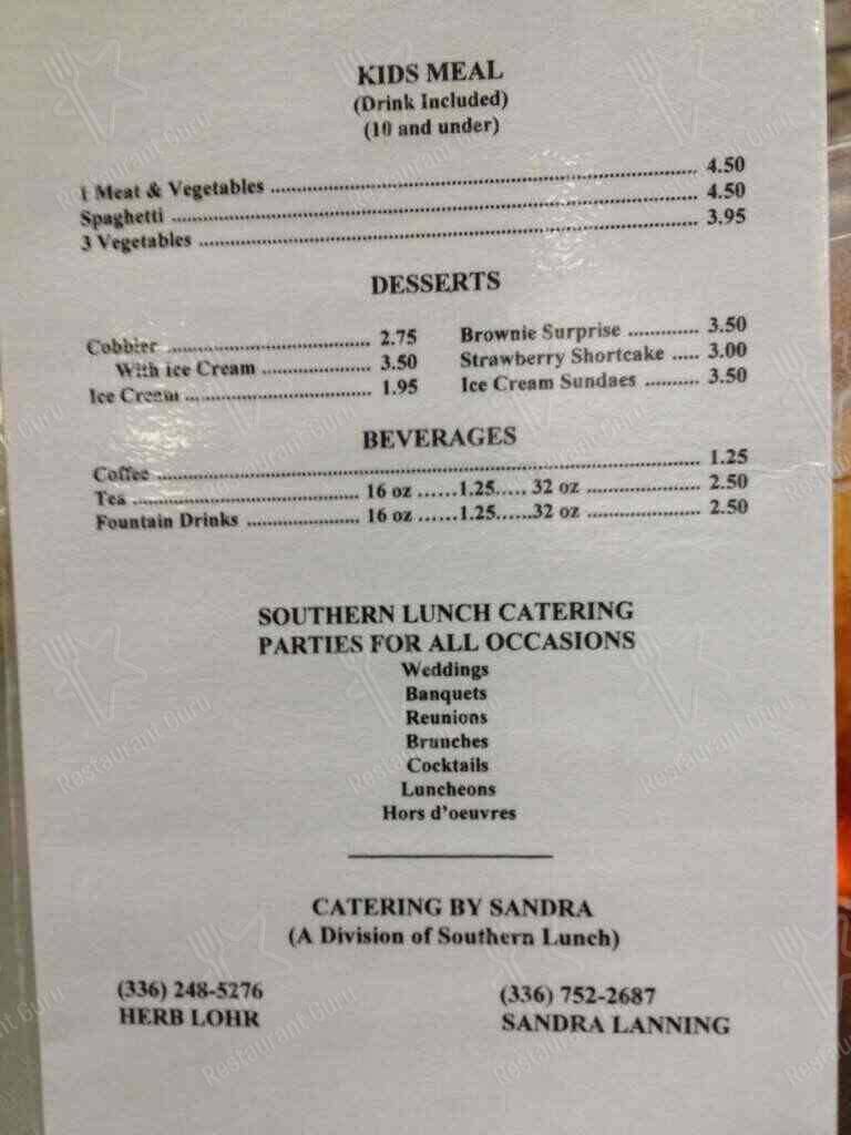 Menu at Southern Lunch restaurant, Lexington