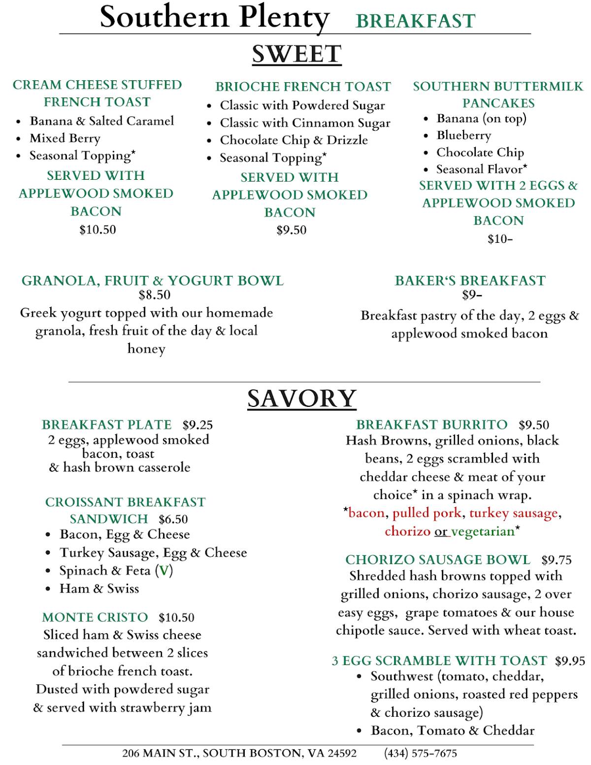 Menu at Southern Plenty pub & bar, South Boston