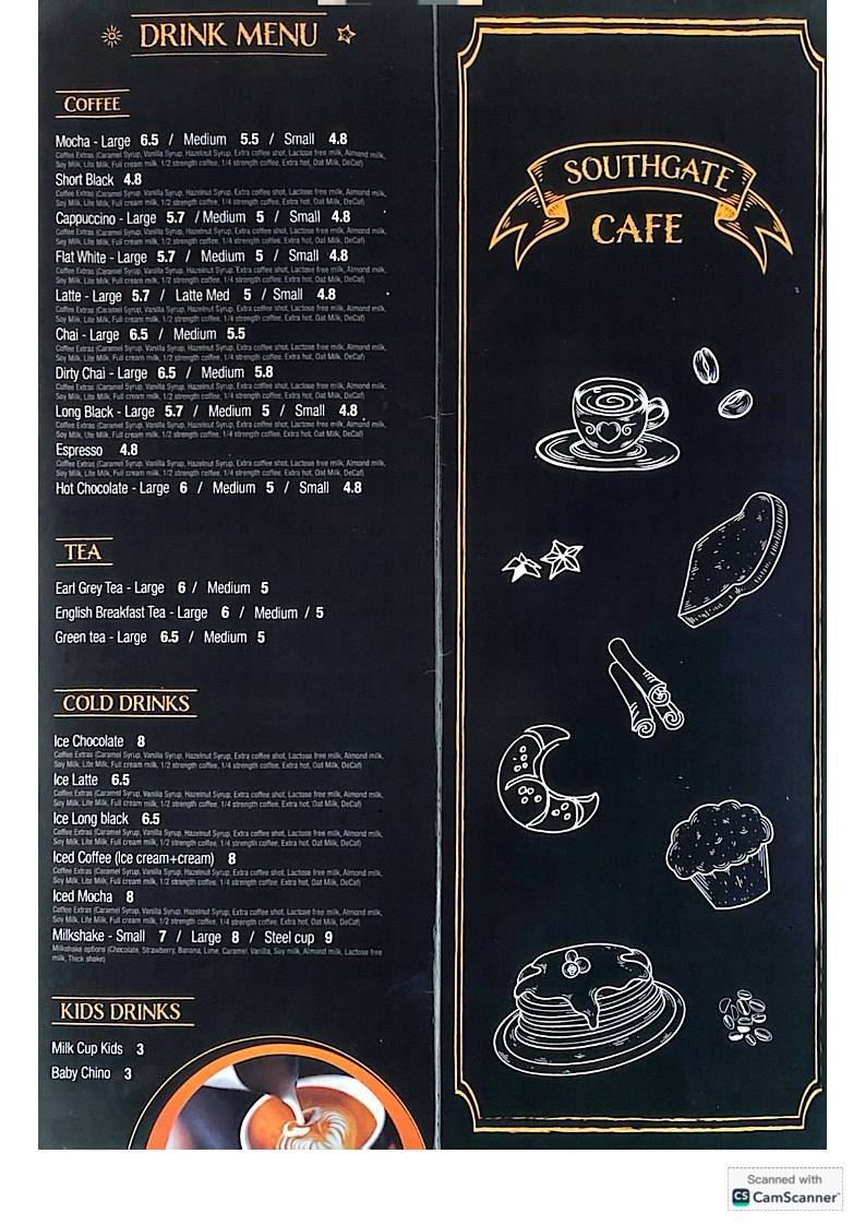 Menu at Southgate Cafe, Springwood